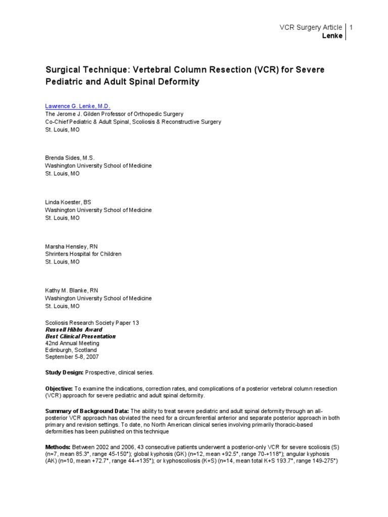 Surgical Technique: Vertebral Column Resection (VCR) For Severe ...