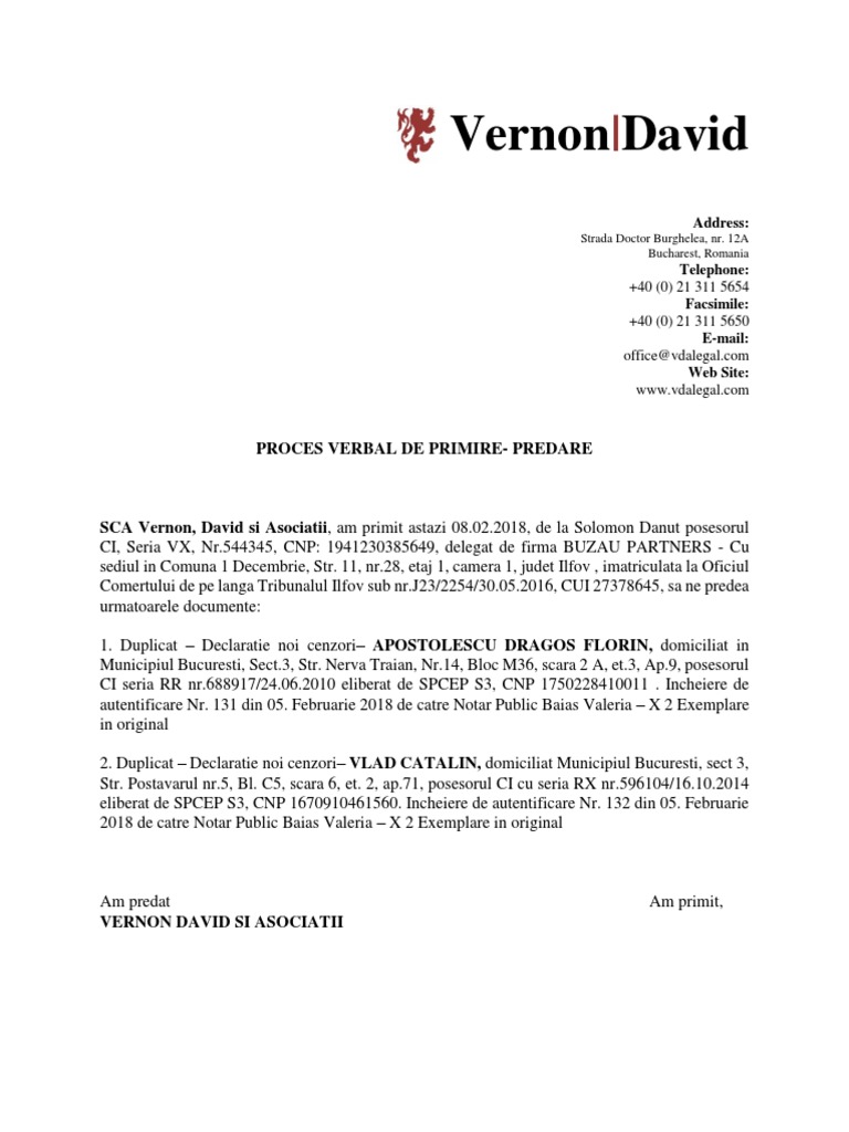 Vernon David: Proces Verbal de Primire-Predare | PDF