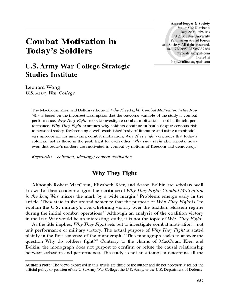 Combat Motivation in Today's Soldiers: U.S. Army War College Strategic ...