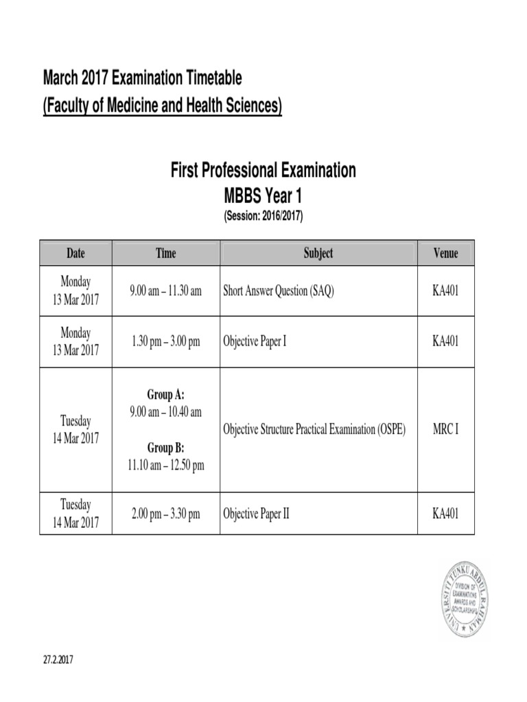 MBBS Year 1 Professional Exam Timetable | PDF