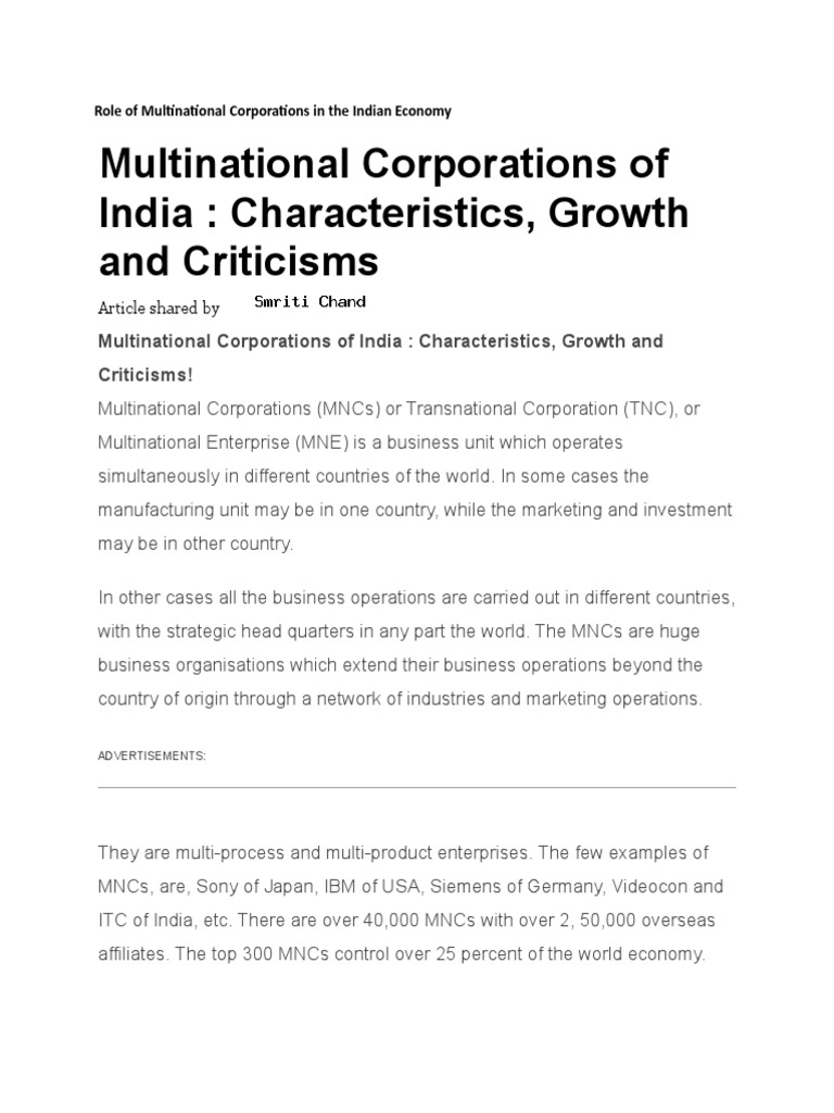 Role of Multinational Corporations in The Indian Economy | PDF ...