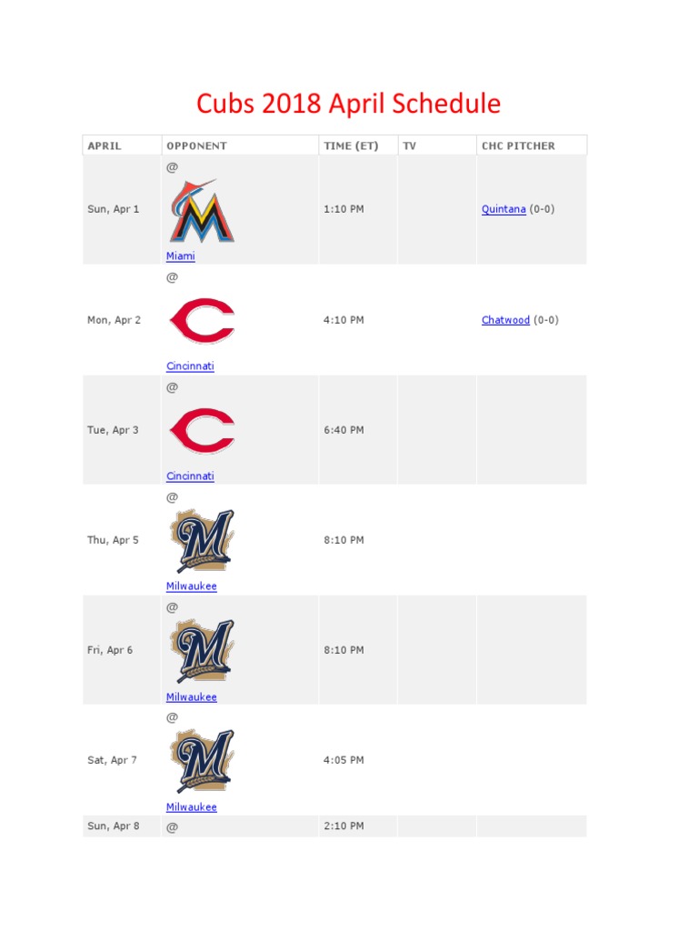 Cubs 2018 Schedule | PDF | Major League Baseball | Major League ...