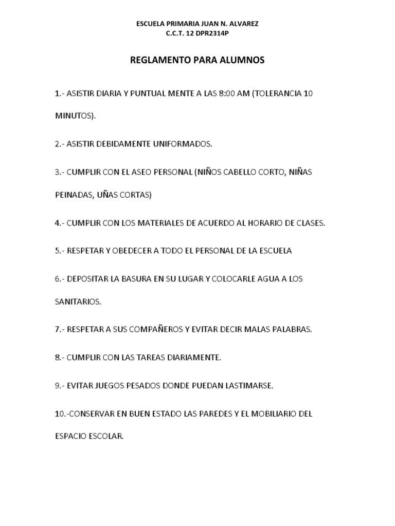 Reglamento Escolar para Escuela Primaria | PDF | Salud y bienestar | Ciencia y matemáticas