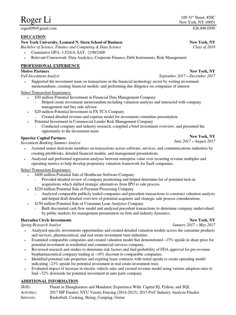 RL Resume v5 | PDF | Financial Analyst | Valuation (Finance)