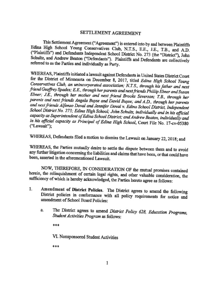 Edina YCC Fully Executed Settlement Agreement | PDF