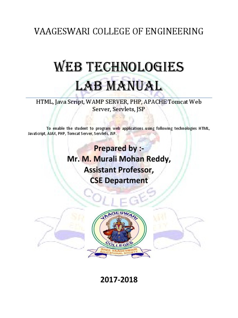 WebTechnologies Lab Manual Prepared by M. Murali Mohan Reddy | PDF | Java Server Pages | Areas ...
