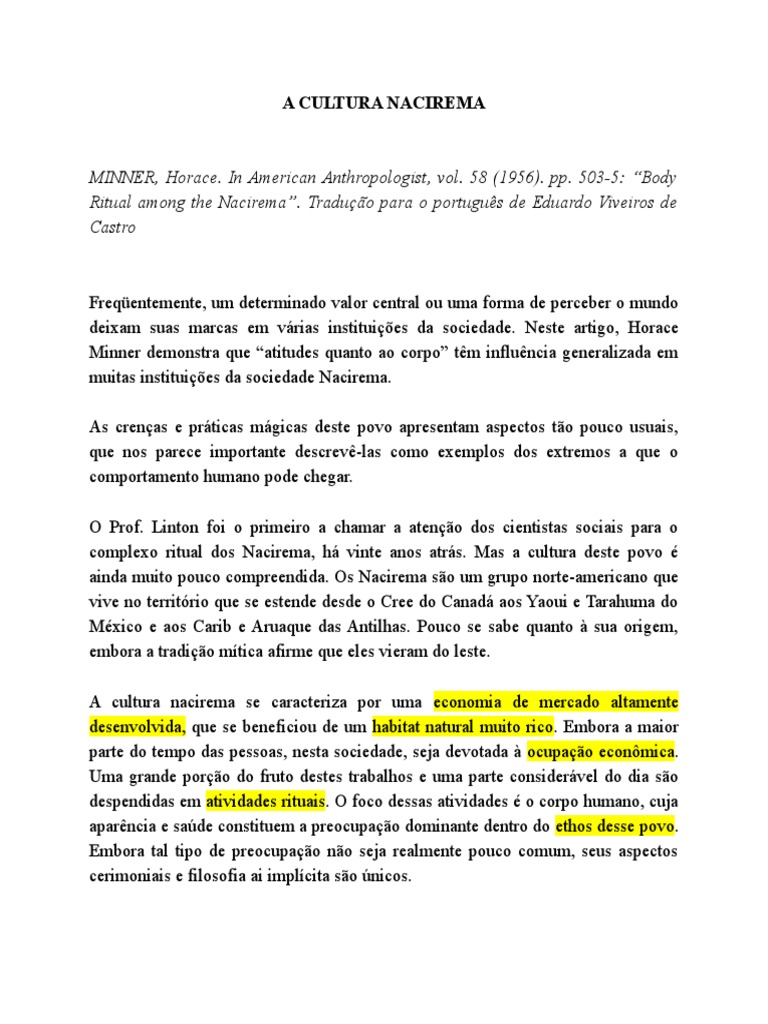 Os Nacirema | PDF | Humano | Rituais