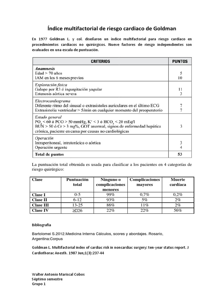 Índice Multifactorial de Riesgo Cardiaco de Goldman | PDF