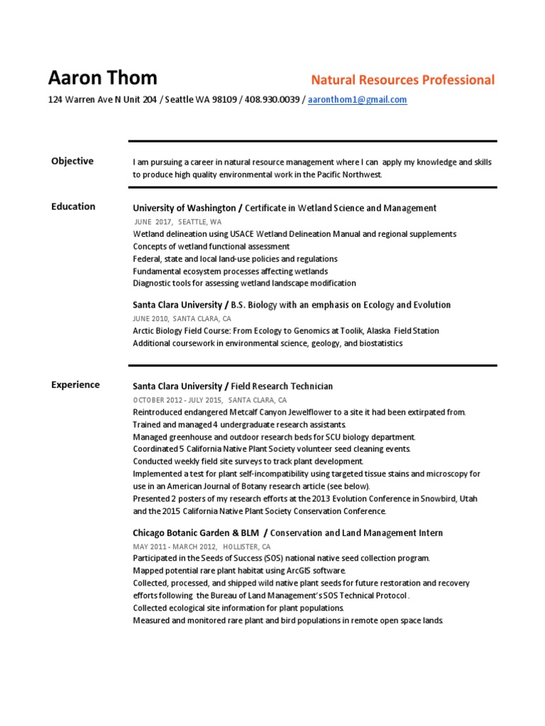 Aaron Thom Resume 2018 | PDF | Wetland | Restoration Ecology