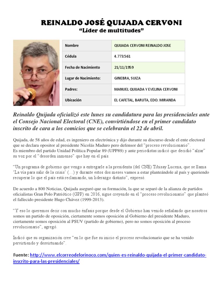 Quién Es Reinaldo José Quijada Cervoni | PDF | Hugo Chavez | Nicolás Maduro