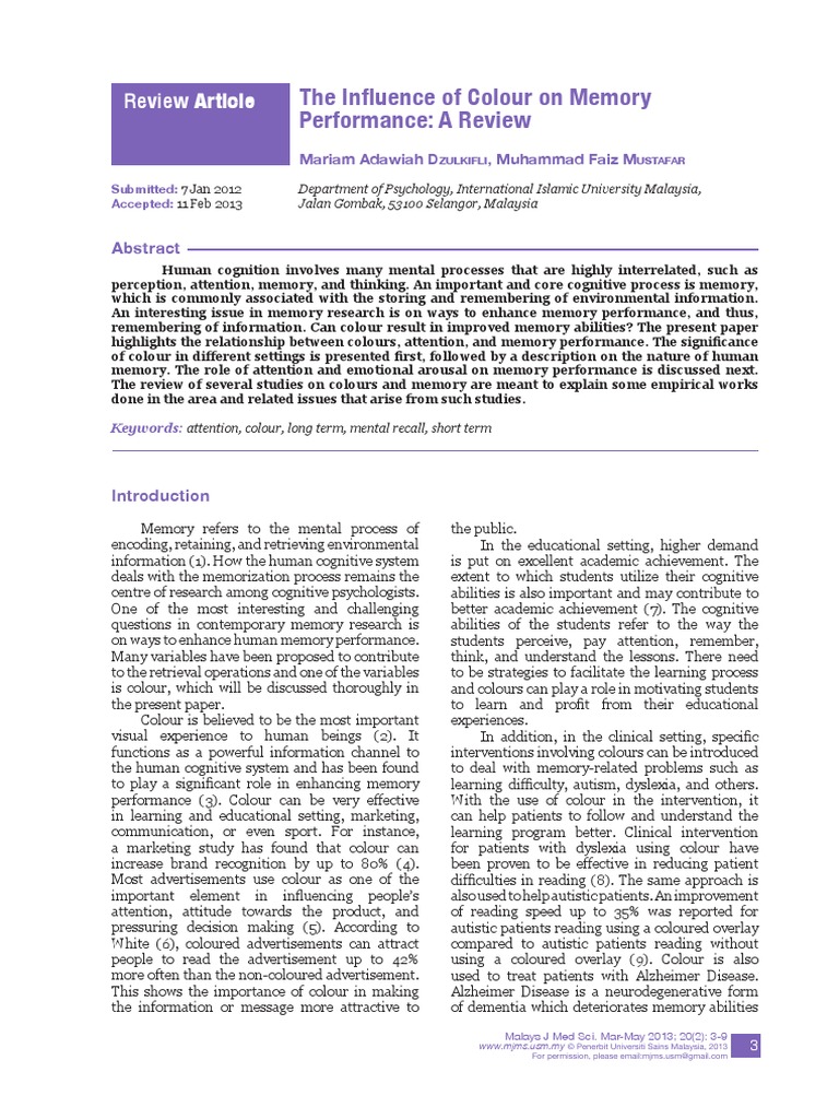 The Influence of Colour On Memory Performance A Review | PDF | Memory ...