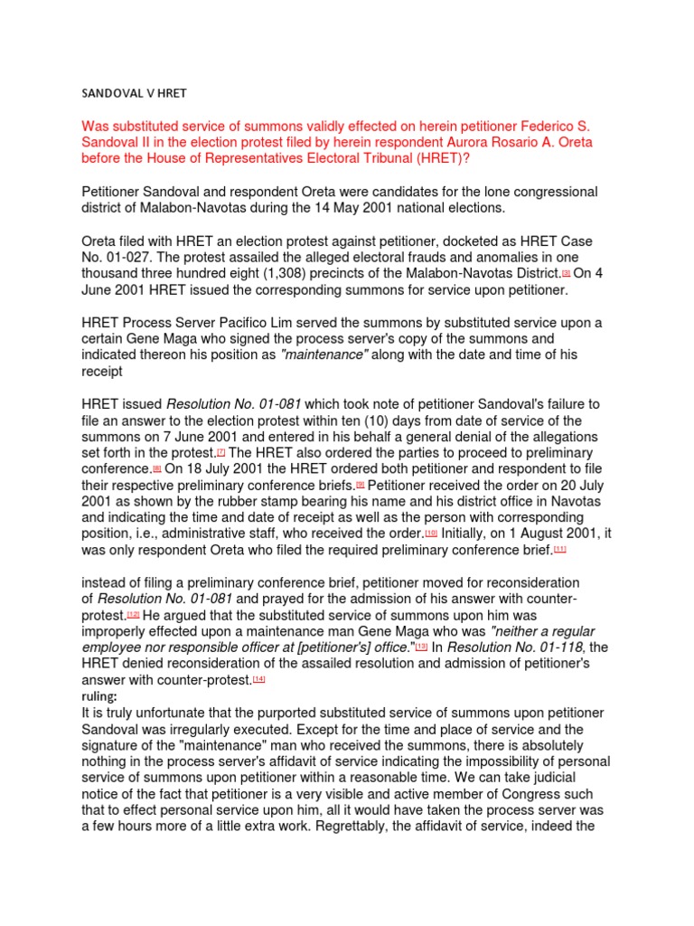 Sandoval V Hret Digest | PDF | Service Of Process | Government