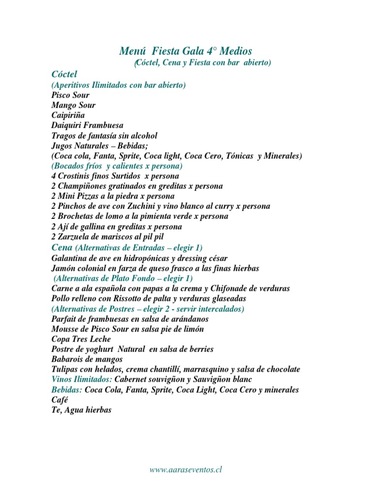 Menú Gala Cuarto Medio 2023 | PDF | Cocina | Comida y bebida