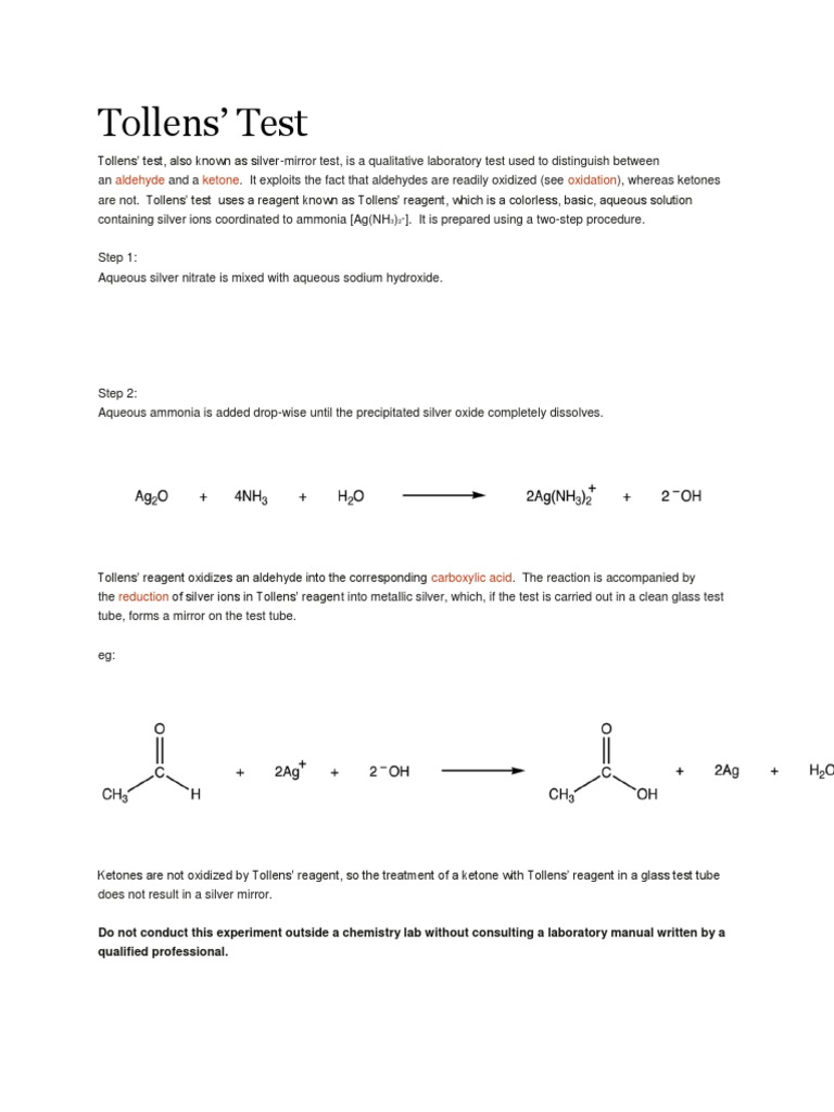 Tollens' Test: Aldehyde Ketone Oxidation | PDF