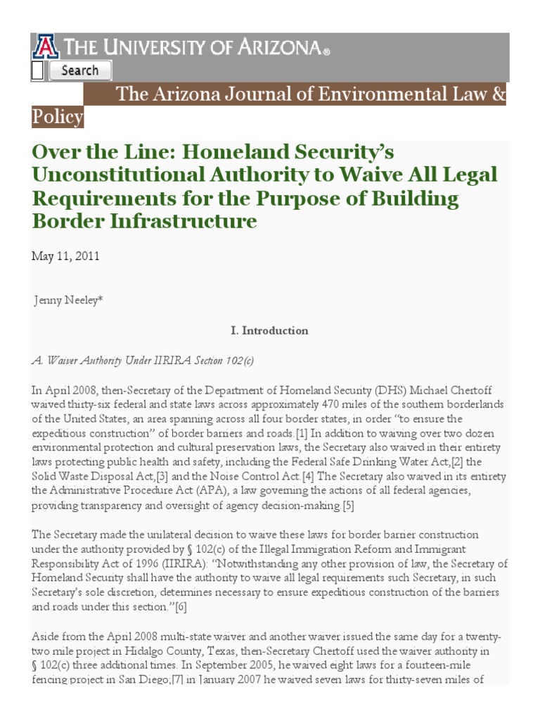 Over The Line Homeland Security's Unconstitutional Authority To Waive ...