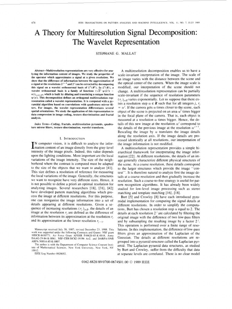 Theory Multiresolution Signal Decomposition: The Wavelet Representation | PDF | Wavelet | Image ...