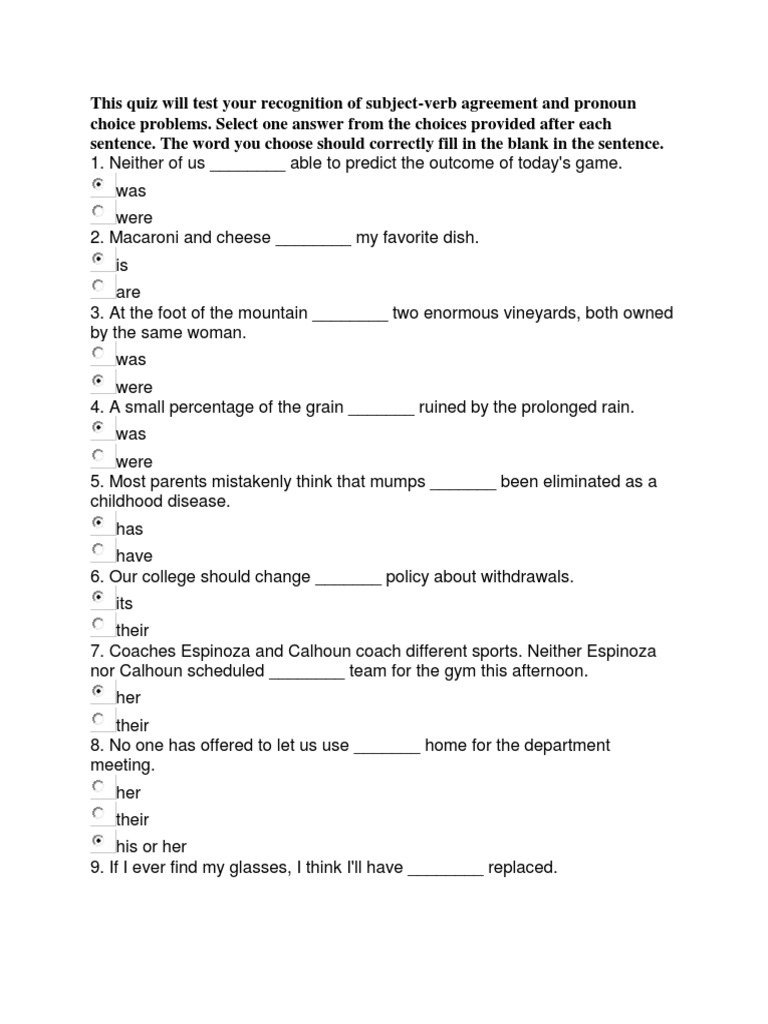 Subject Pronoun and Agreement Quiz | PDF | Grammatical Number | Pronoun
