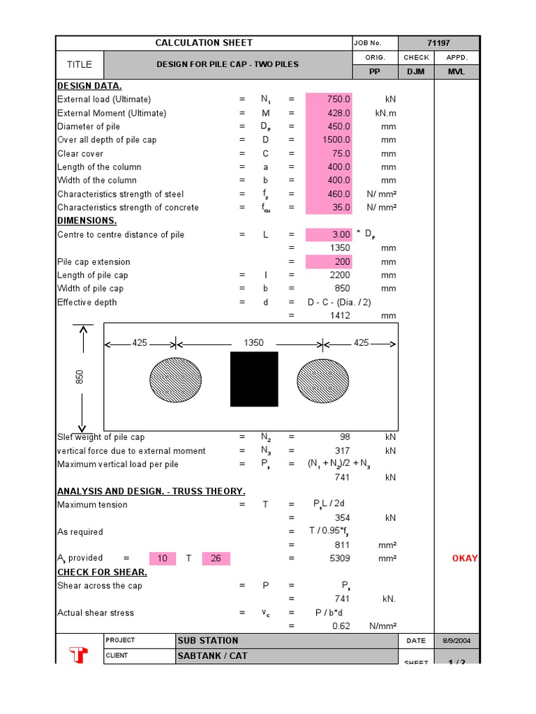Calculation Sheet: 71197 Design For Pile Cap - Two Piles PP DJM MVL ...