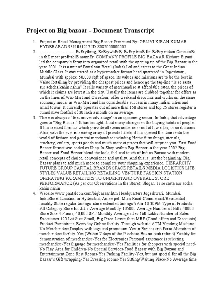 Project On Big Bazaar | PDF | Pricing | Retail