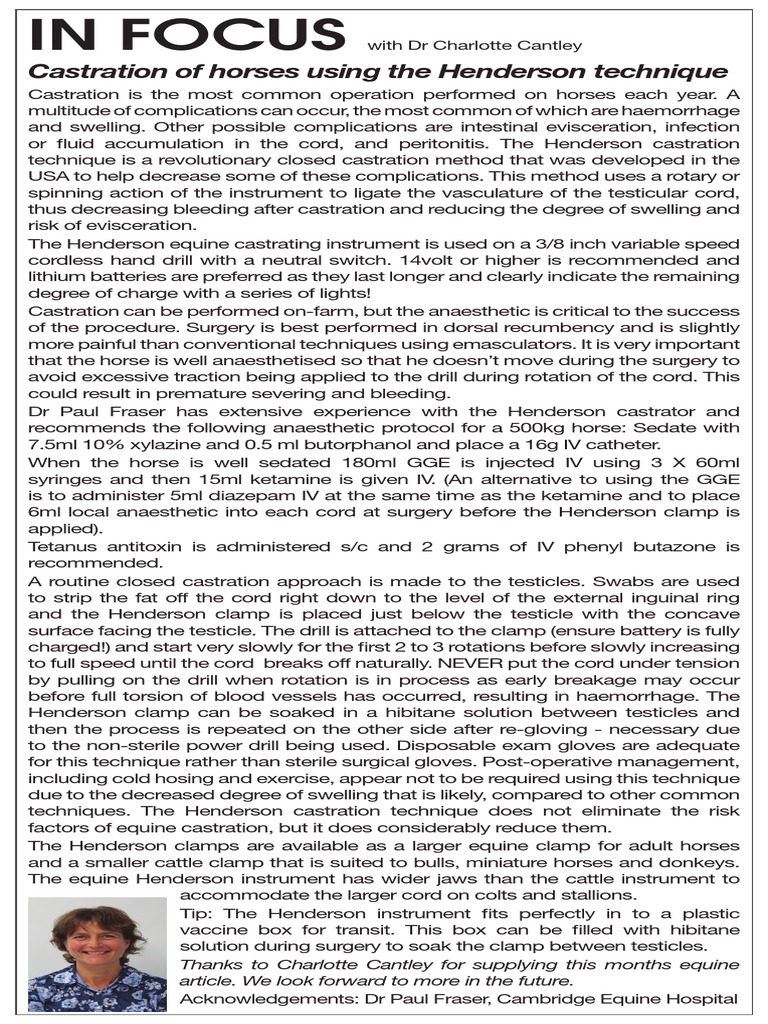 Castration of Horses Using The Henderson Technique | PDF | Surgery ...