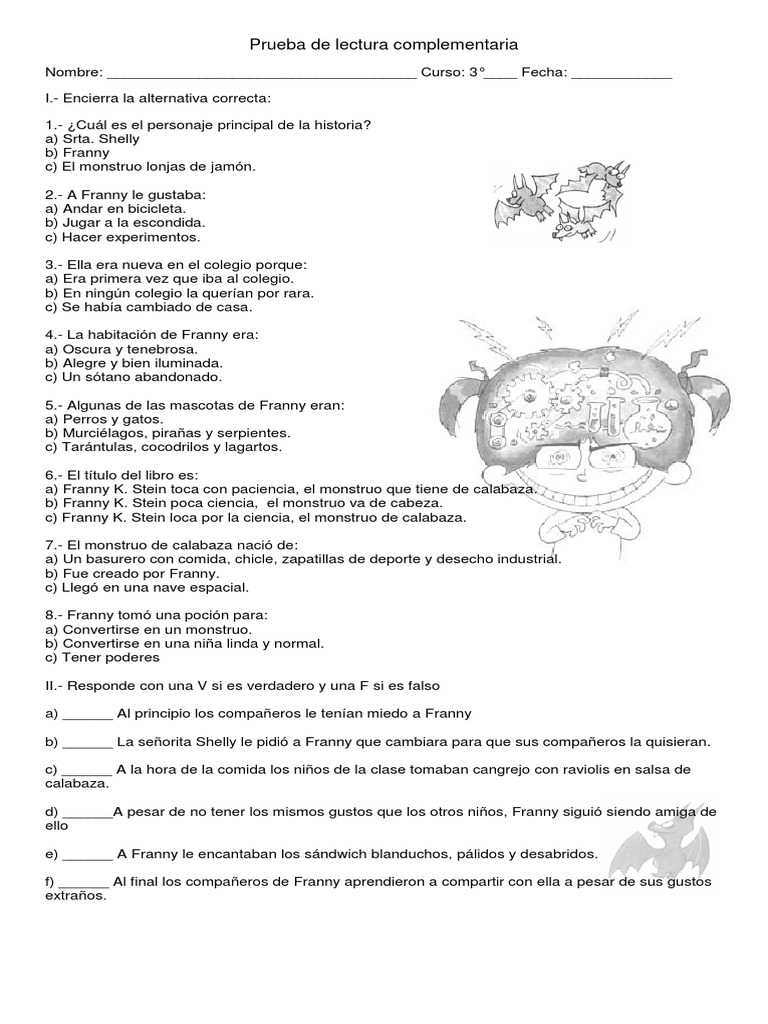 Prueba de Lectura Complementaria Franny y El Mostruo Calabaza | PDF | Ocio
