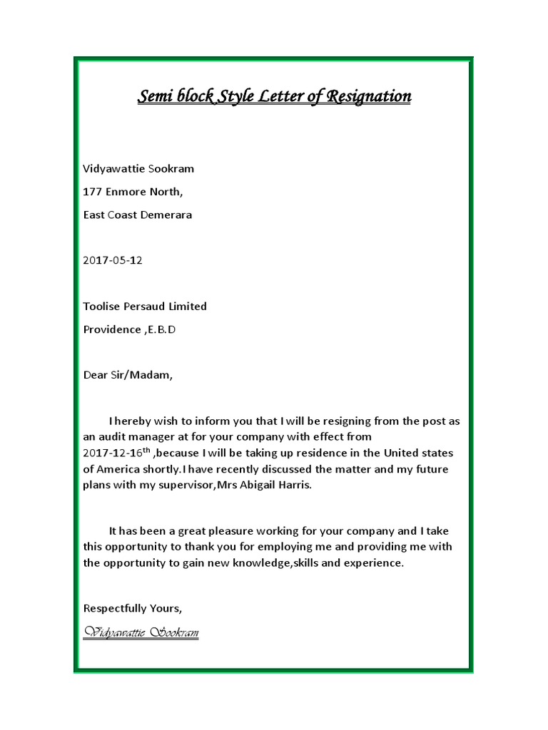Semi Block Style Letter of Resignation | PDF