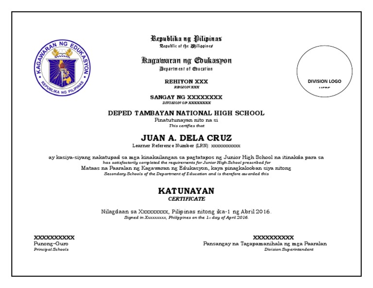 Sample Template For Grade 10 Certificate of Completion | PDF