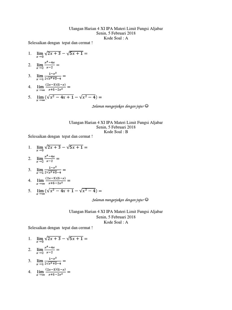 Ulangan Harian 4 XI Materi Limit Fungsi Aljabar | PDF