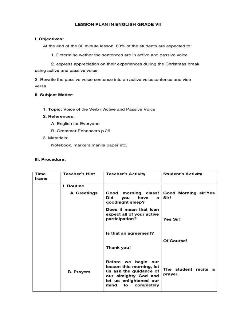 Active and Passive Voice Lesson Plan | PDF | Lesson Plan | Grammatical ...