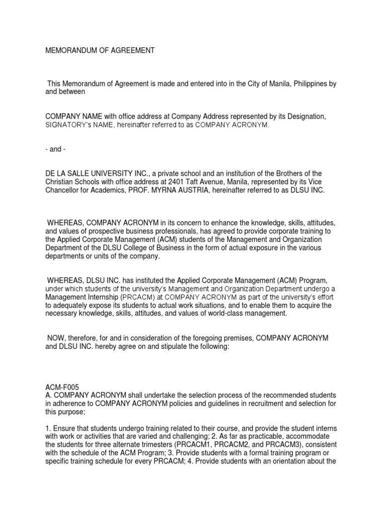 Memorandum of Agreement | PDF | Internship | Job Hunting