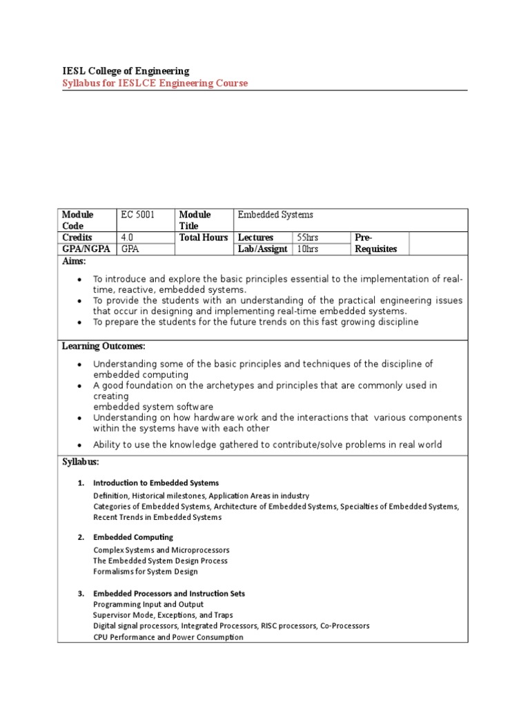 Syllabus Ec5001 Embedded Systems Pdf Embedded System Microprocessor 8880