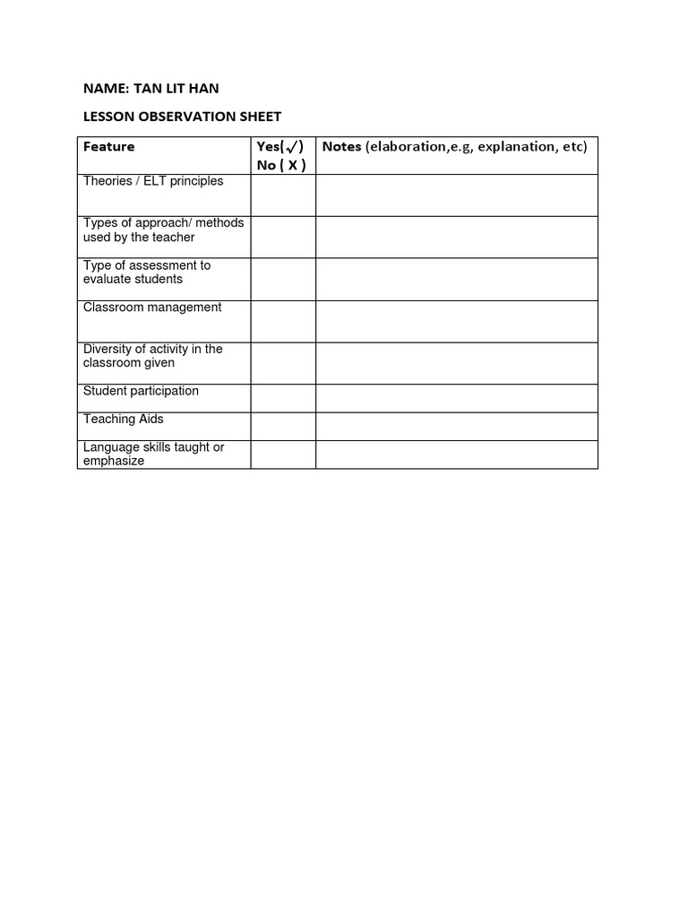 Name: Tan Lit Han Lesson Observation Sheet Feature Yes No (X) Notes ...