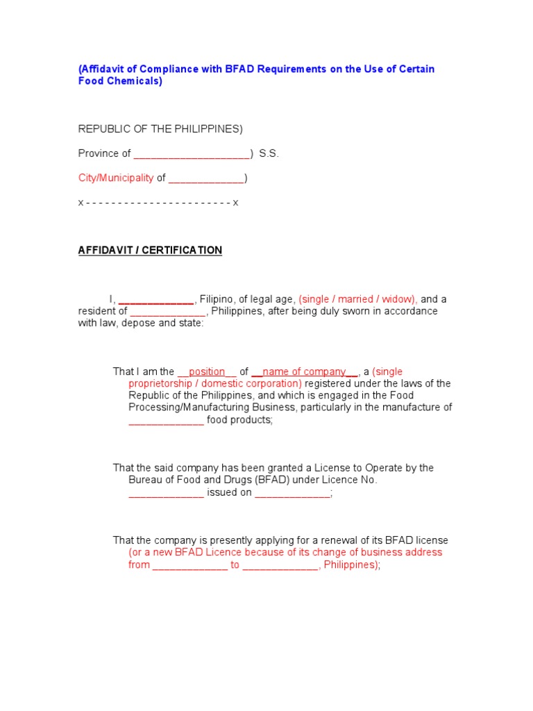 Food Chemicals Compliance Affidavit | PDF