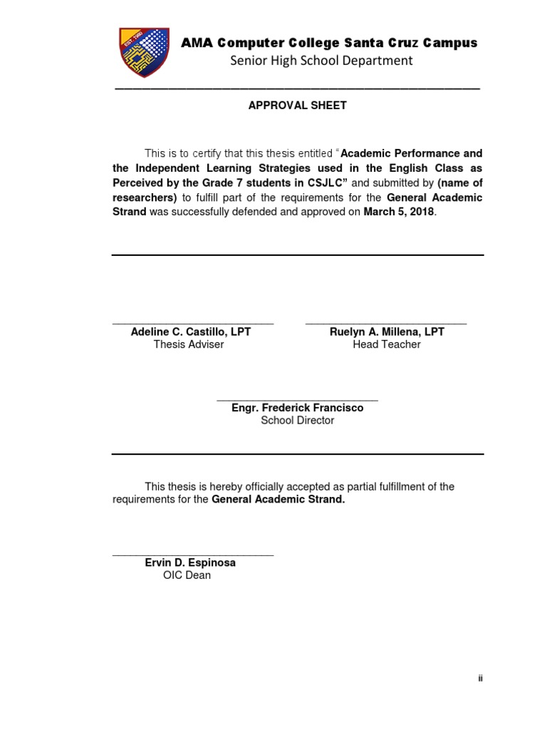 Thesis Approval Sheet Example | PDF