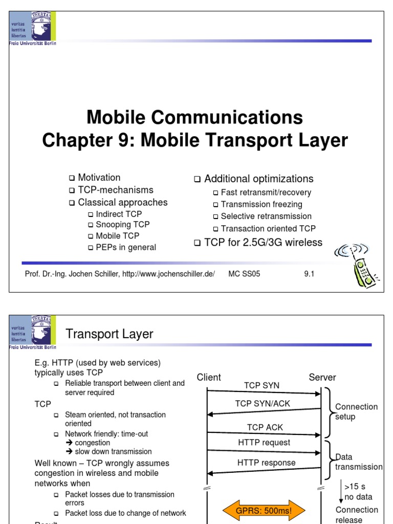 Mobile Communications Chapter 9: Mobile Transport Layer: Motivation TCP-mechanisms Classical ...