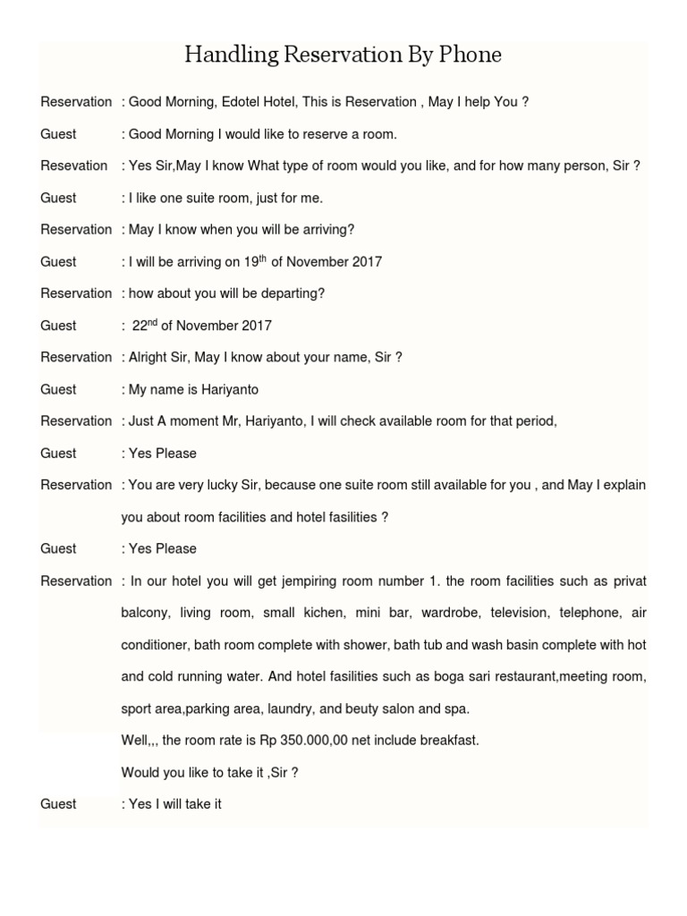 Handling Reservation by Phone | PDF | Hotel And Accommodation | Business