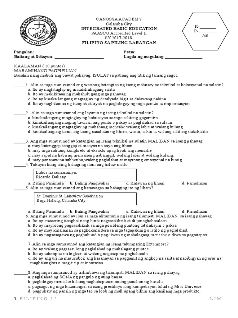 MIDTERM - Filipino 12 | PDF
