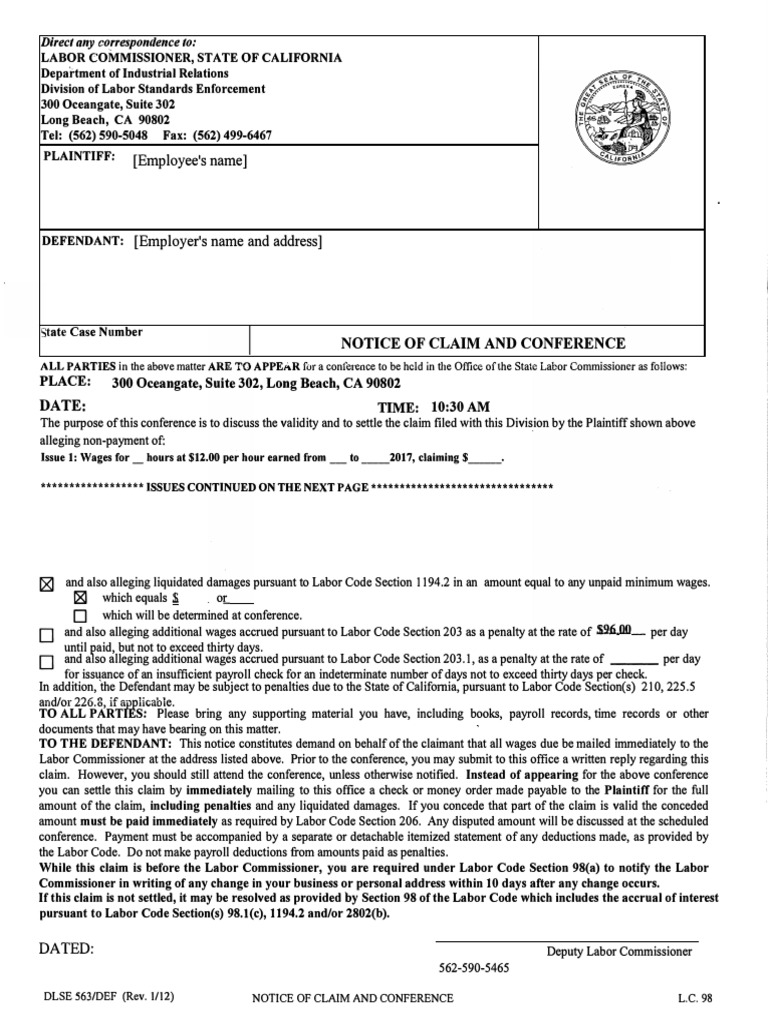 Sample Notice of Claim and Conference - California Labor Commissioner ...