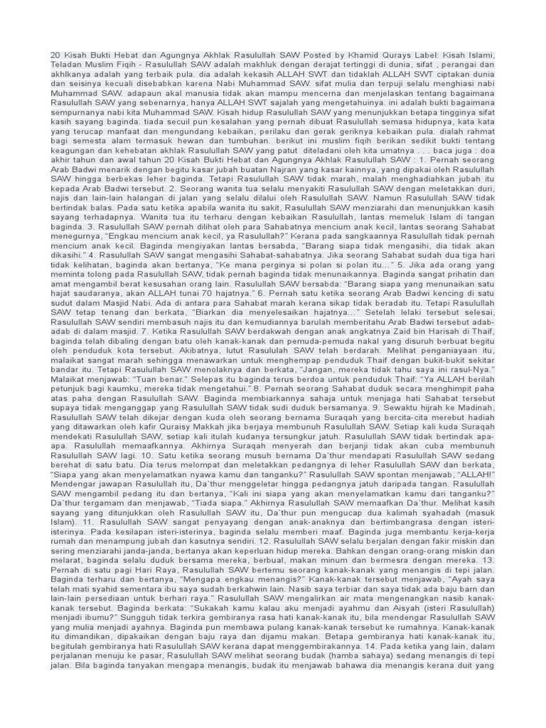 20 Kisah Bukti Hebat Dan Agungnya Akhlak Rasulullah SAW Posted by Khamid Qurays Label | PDF