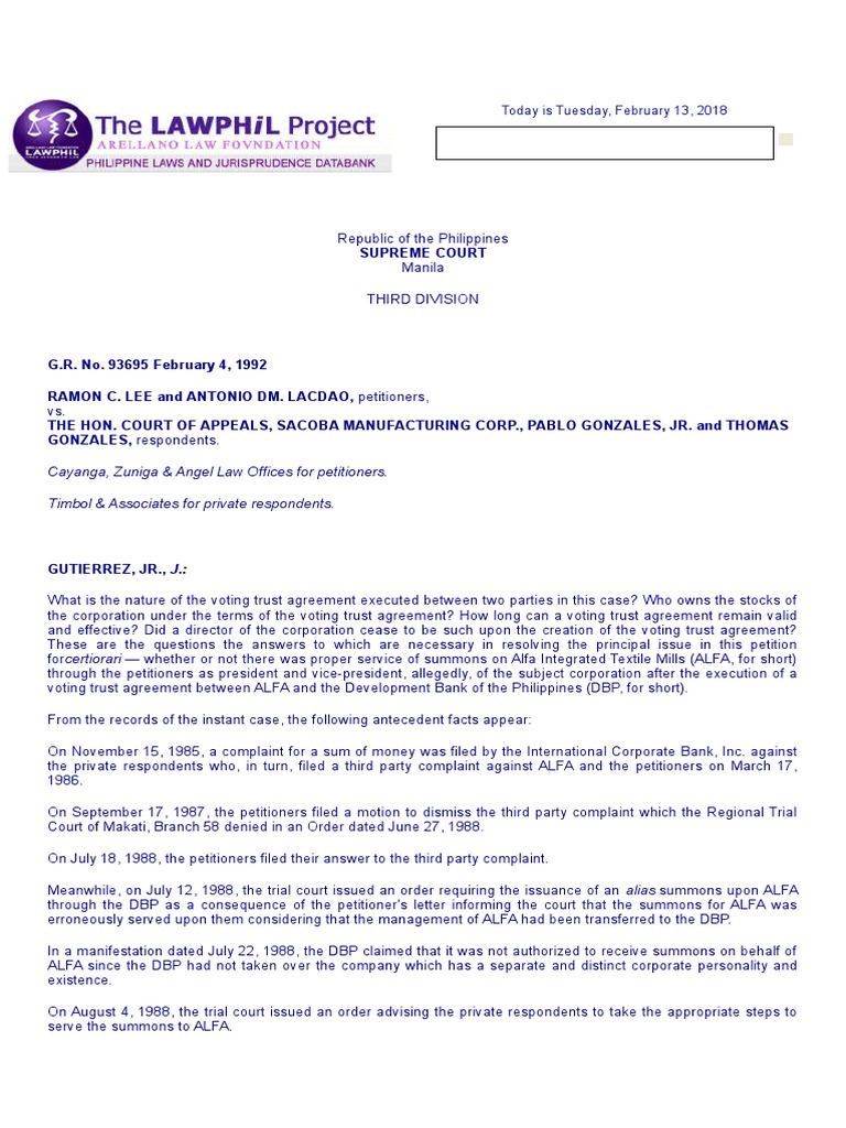 107 FT Lee VS Ca, 205 Scra 752, 1992 | PDF | Service Of Process ...
