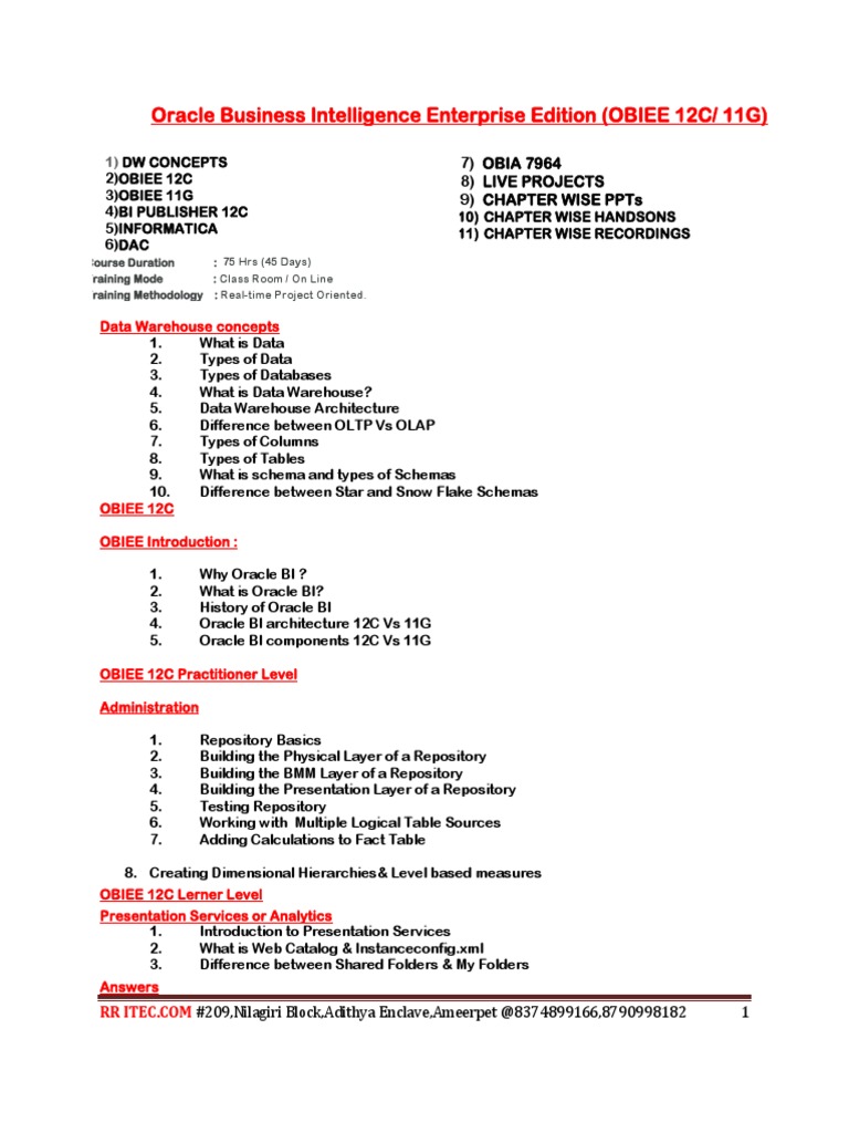 Obiee 12c Course Content | PDF | Data Warehouse | Oracle Database