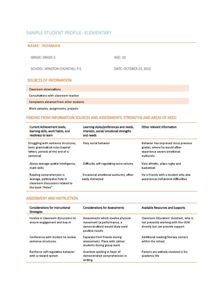 Sample Student Profile | PDF | Classroom | Reading Comprehension