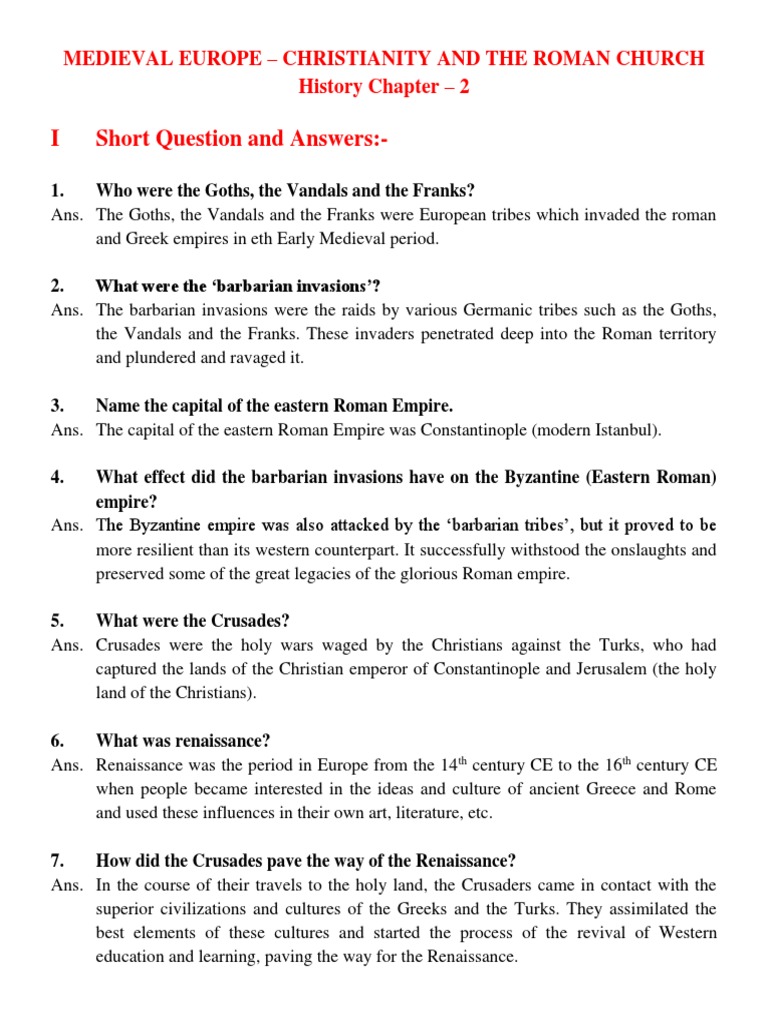 I Short Question and Answers:-: Medieval Europe - Christianity and The ...