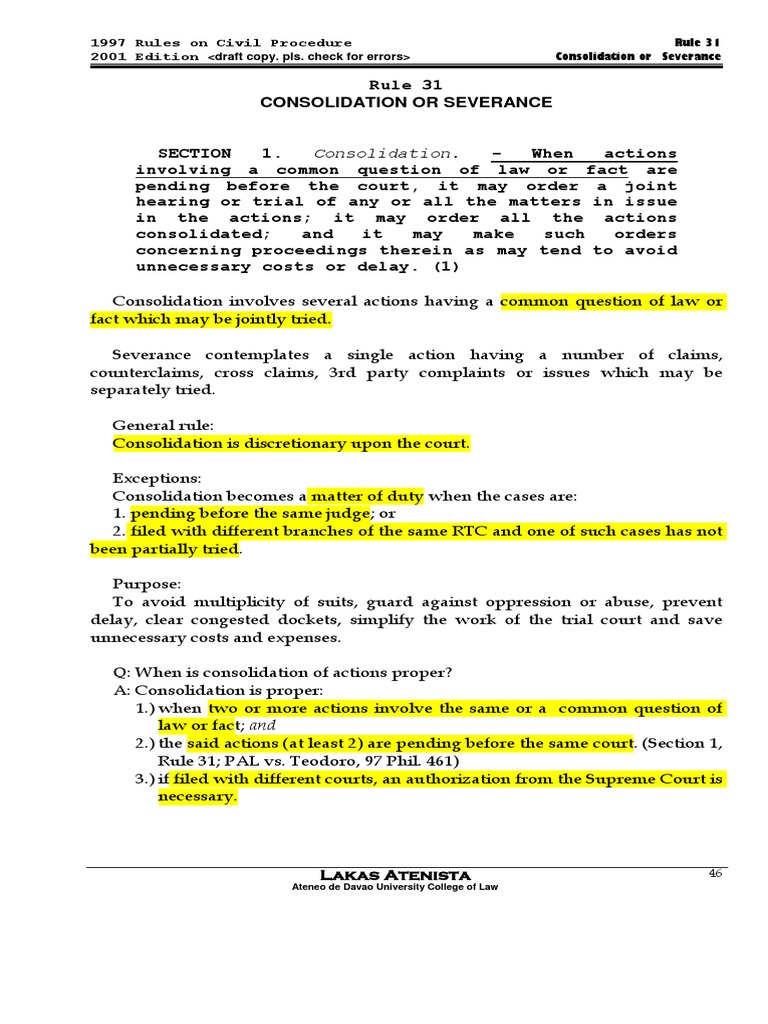 Rule 31 - Consolidation or Severance | PDF | Joinder | Lawsuit