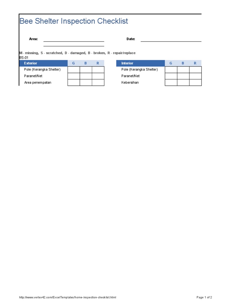 Bee Shelter Inspection Checklist: Area: Date | PDF | Intellectual Works ...