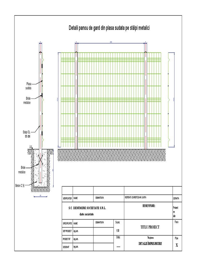Detaliu Imprejmuire Panou Gard Pe Stalpi Metalici Si Plasa de Sarma