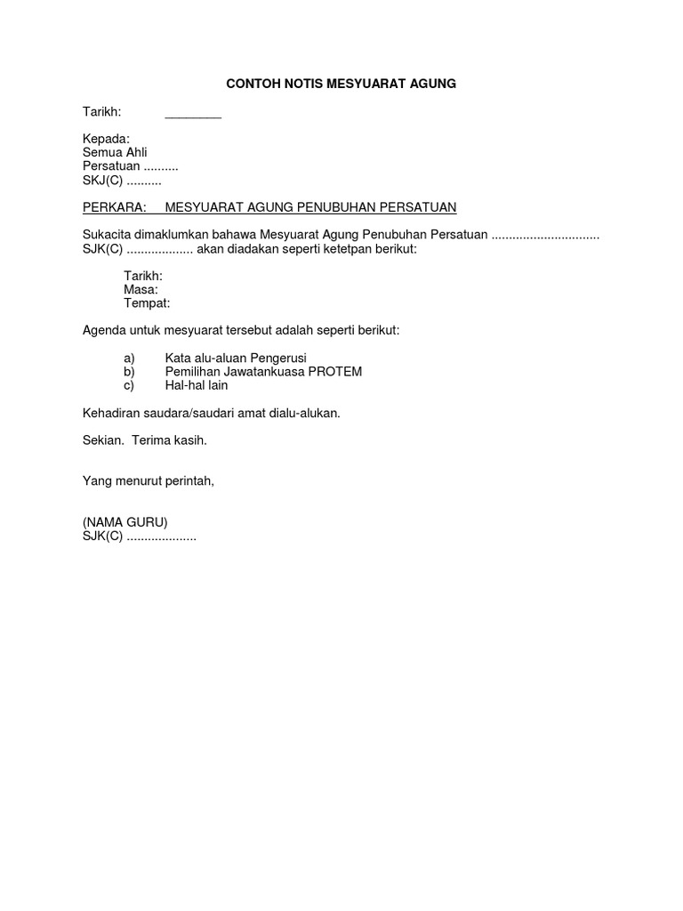Contoh Notis Mesyuarat Agung | PDF