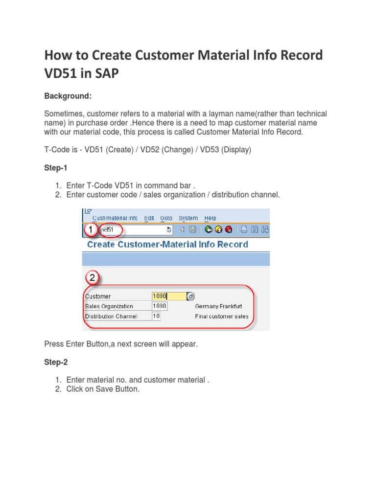How To Create Customer Material Info Record VD51 in SAP | PDF