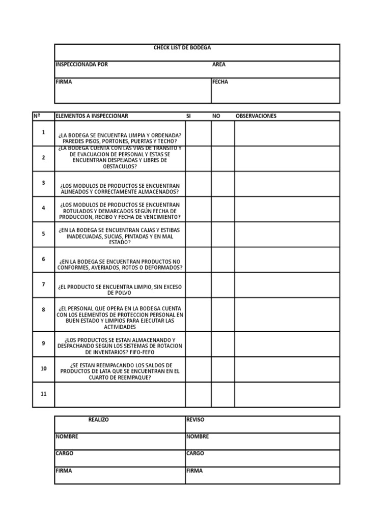Check List de Bodega | PDF