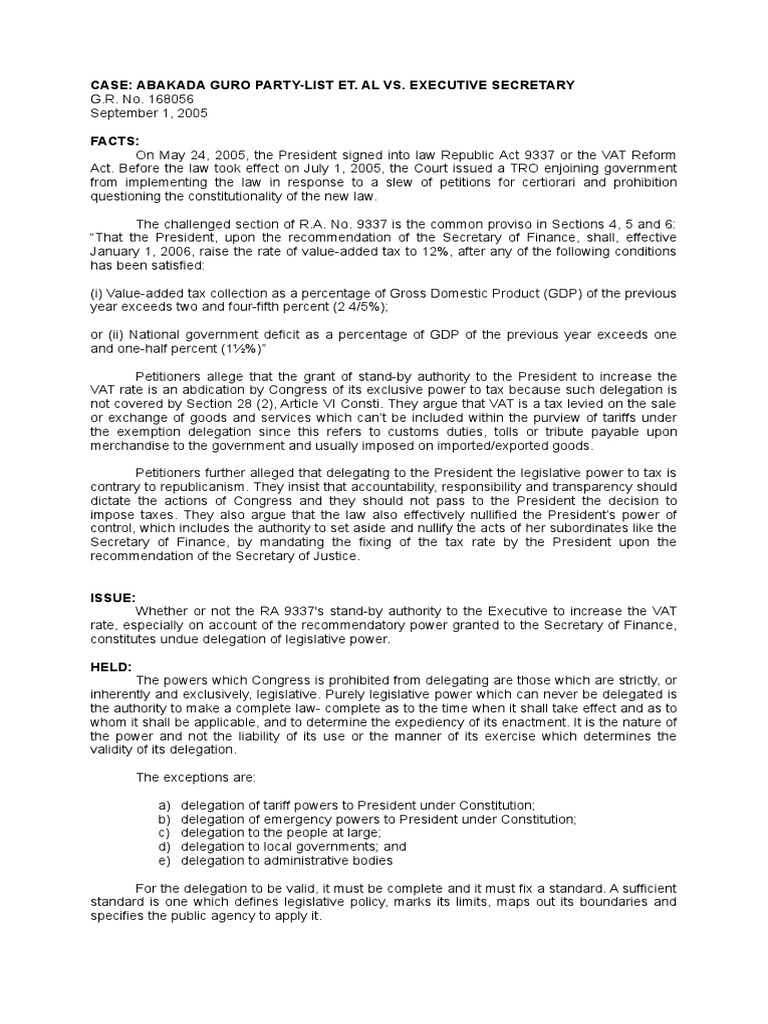 The Court Upholds the Stand-by Authority Granted to the President to ...